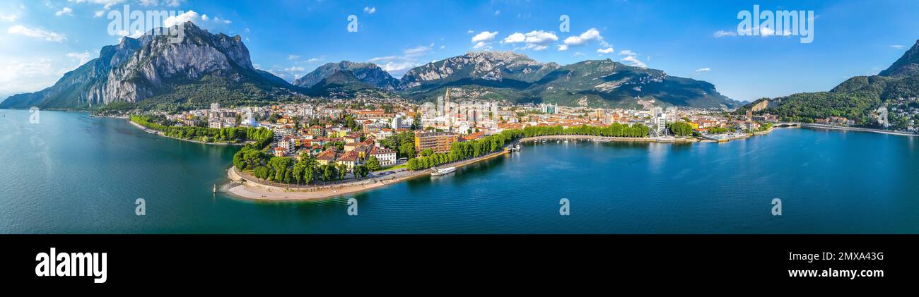 Aerial view of Lecco city in the southeastern shore of Lake Como, in ...