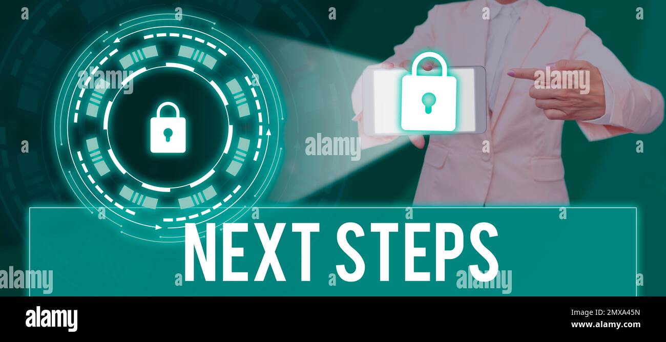 Text sign showing Next Steps. Business showcase numper of process going ...