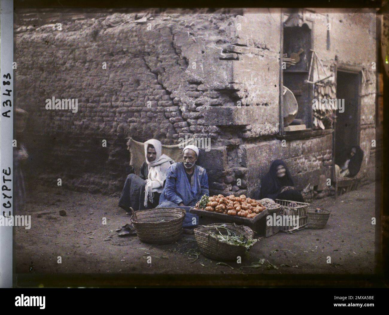 Al-minyah, Egypt, Africa merchant walking of tomatoes, seated , 1914 ...