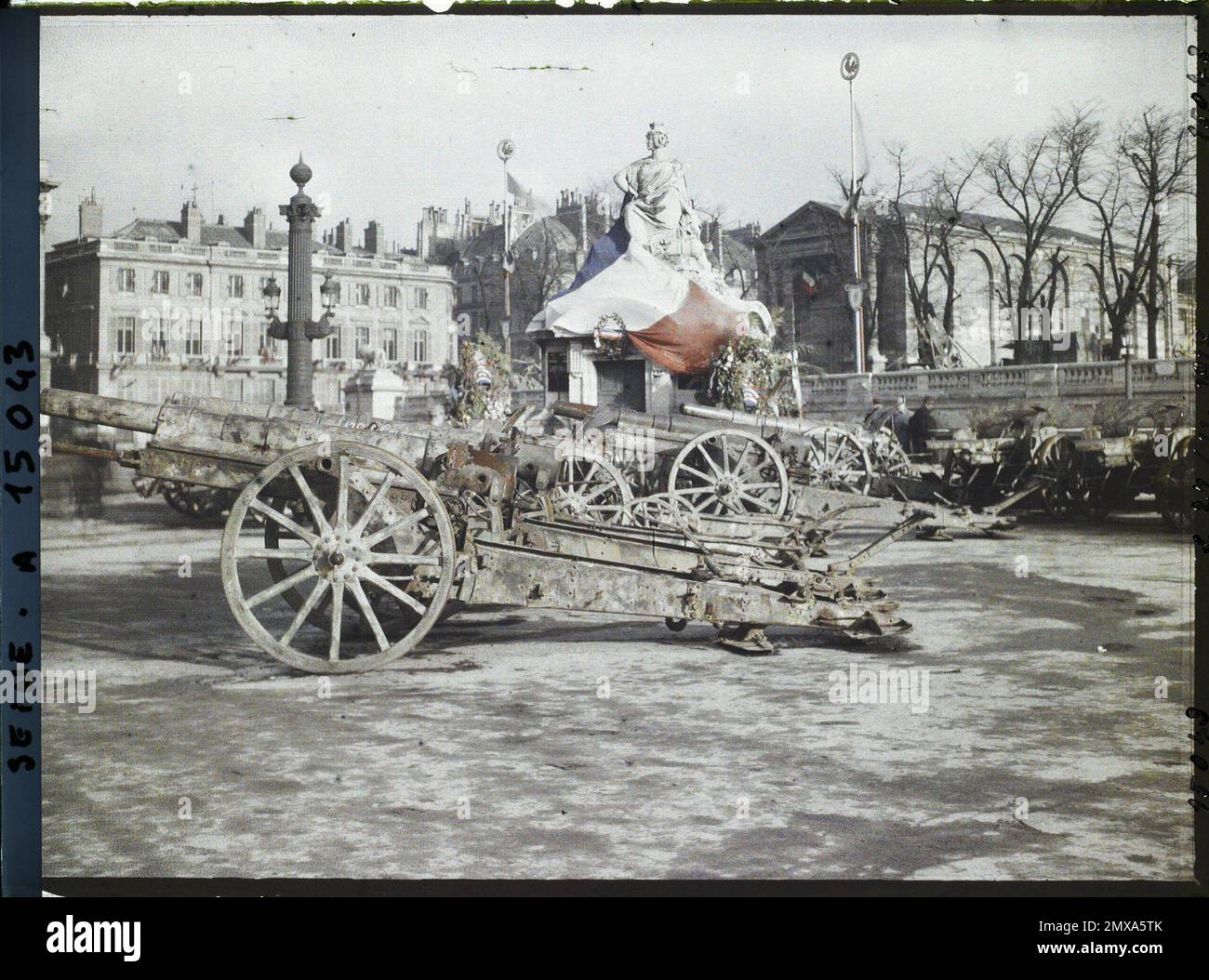 Paris (8th arr.), France statue of Lille decorated with a French flag ...