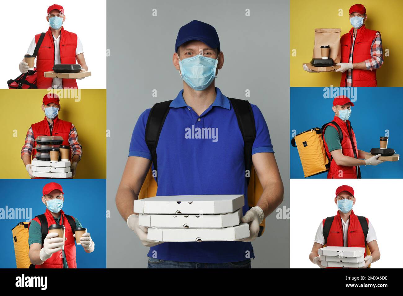 Collage with photos of courier in protective mask holding orders on ...