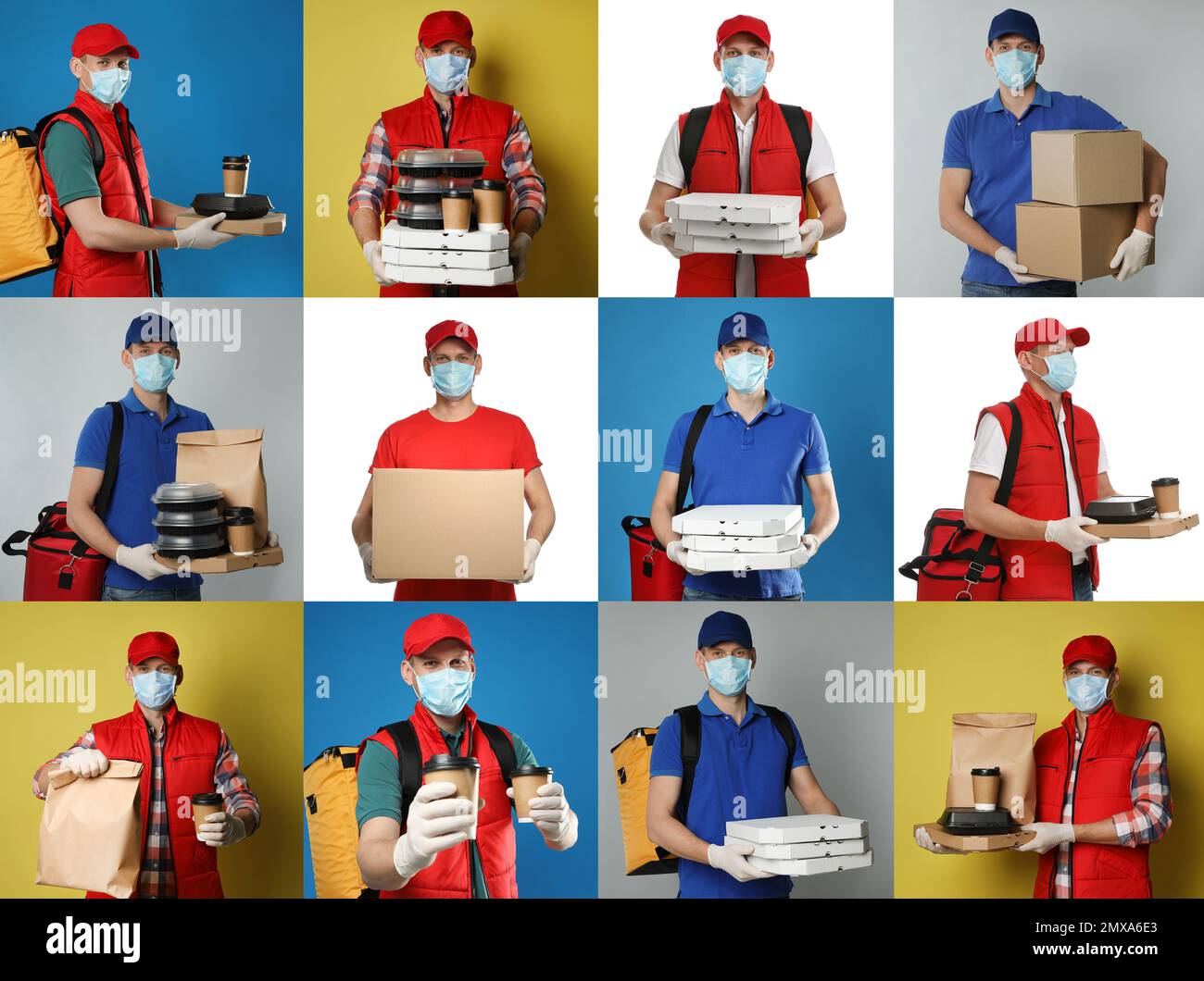 Collage with photos of courier in protective mask holding orders and ...
