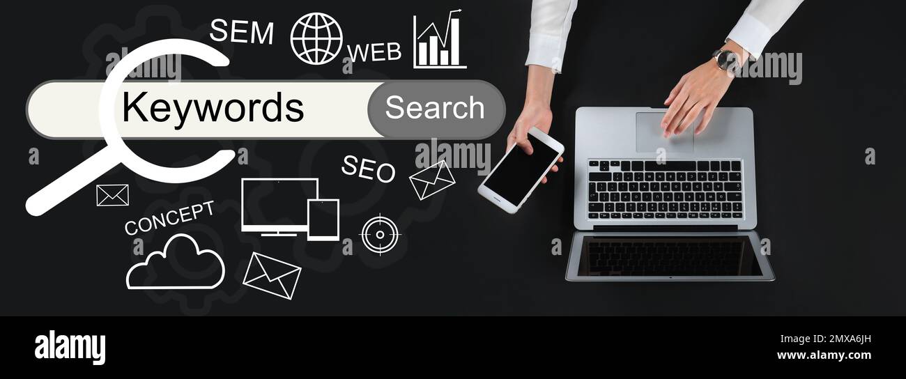 Woman with smartphone using laptop and elements of keywords research on ...