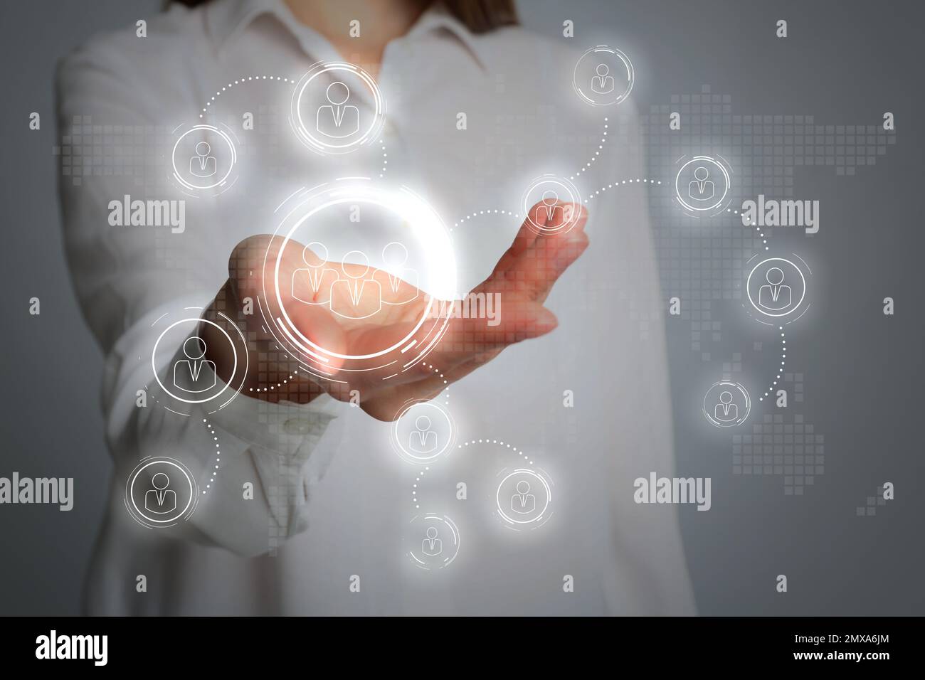 Woman demonstrating virtual structure of organization, closeup ...