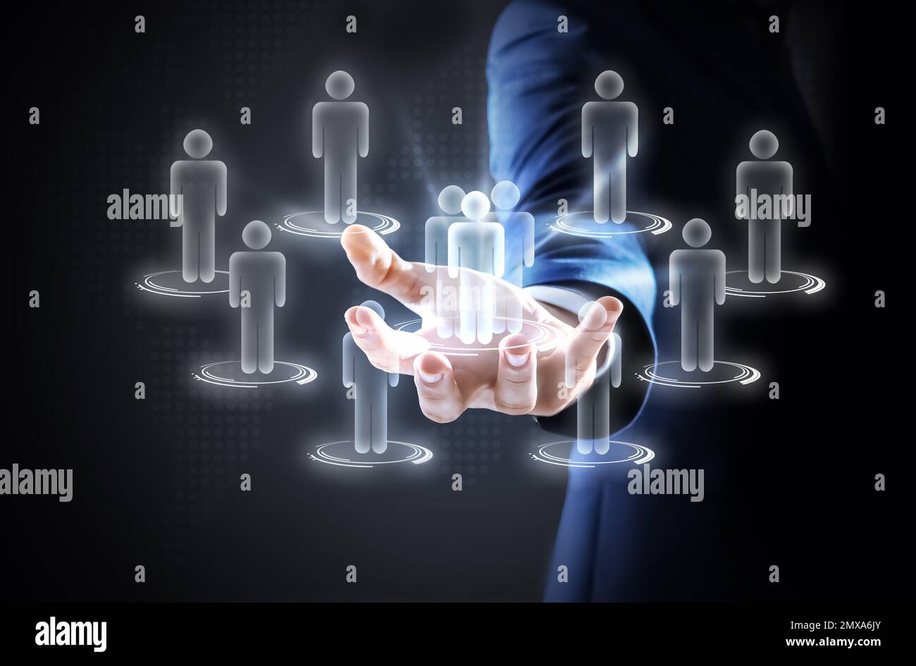 Man demonstrating virtual structure of organization, focus on hand ...