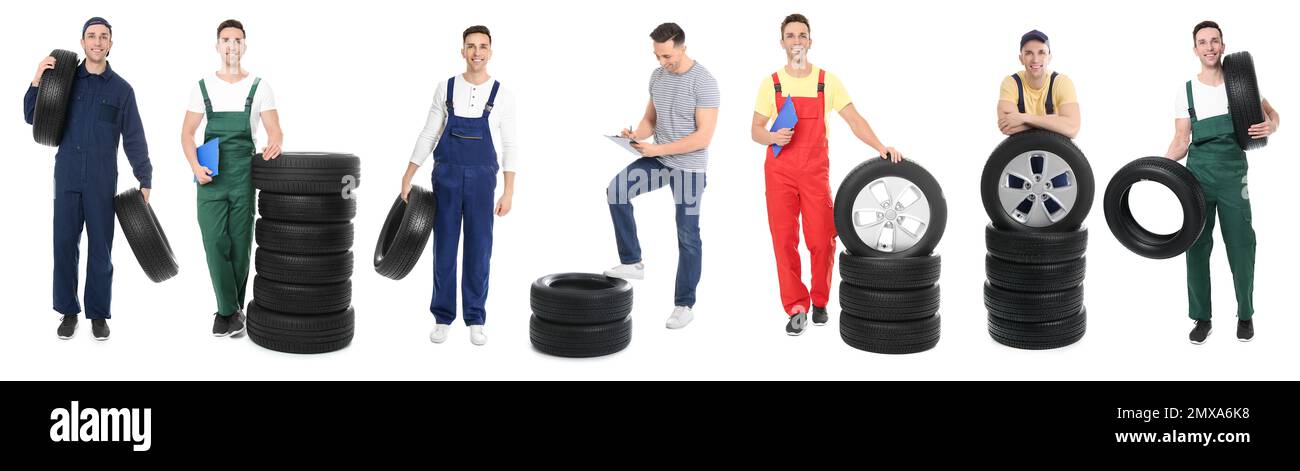 Collage with photos of young male mechanic and tires on white ...