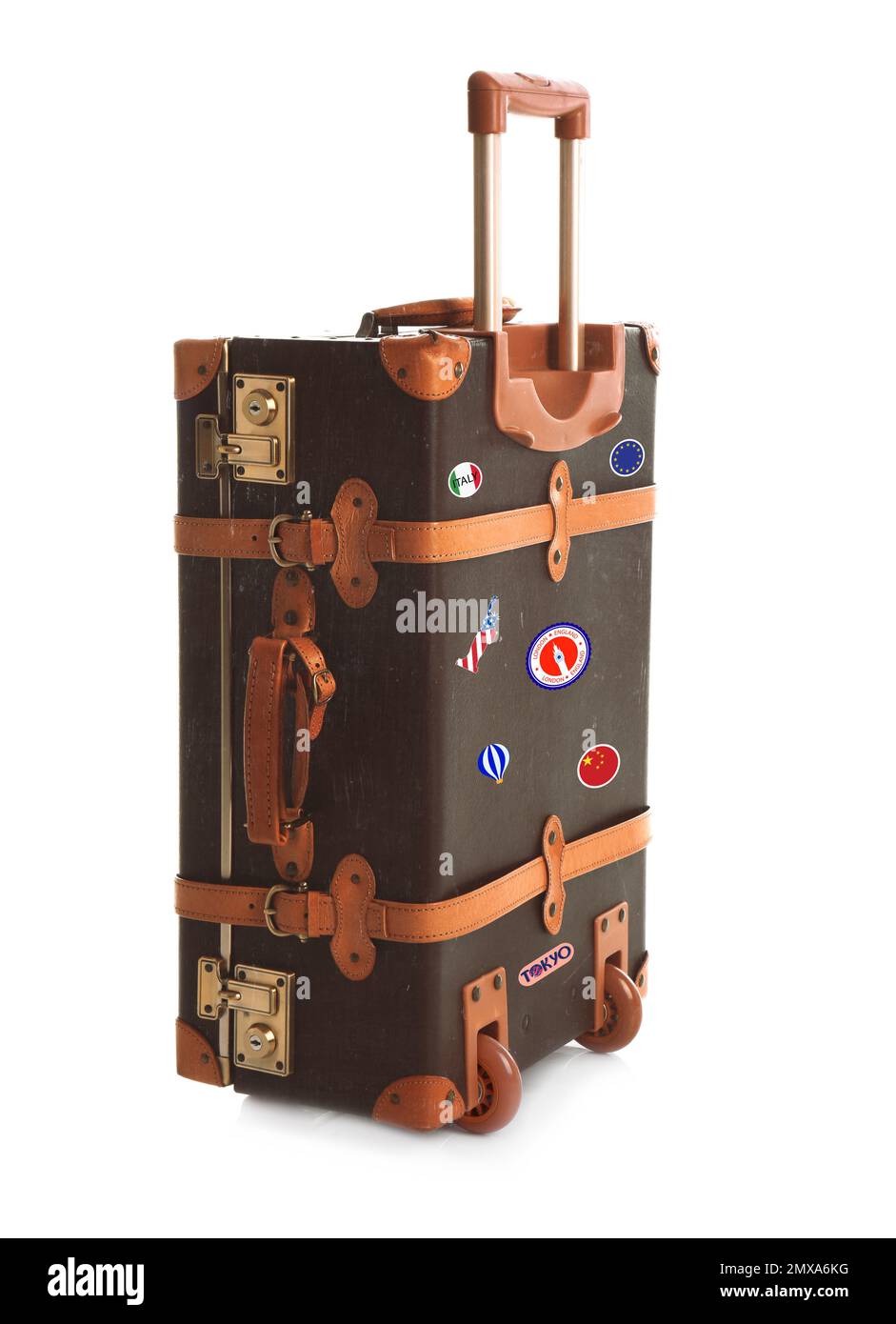 Retro suitcase with travel stickers on white background Stock Photo - Alamy