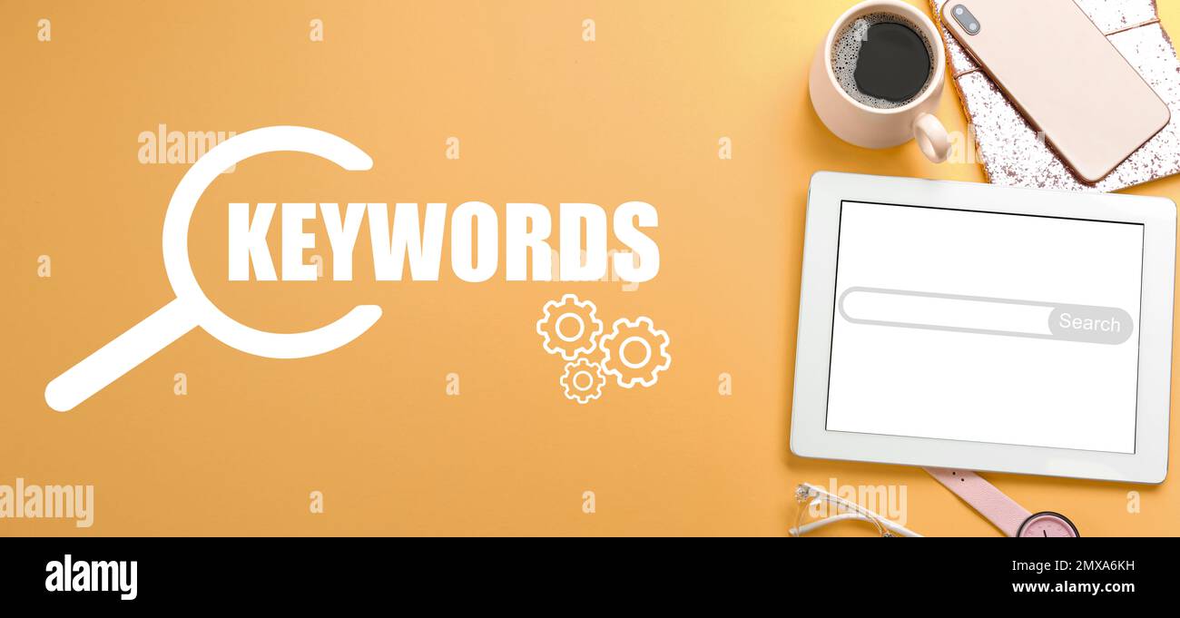 Modern tablet with search bar of internet browser and word KEYWORDS on ...