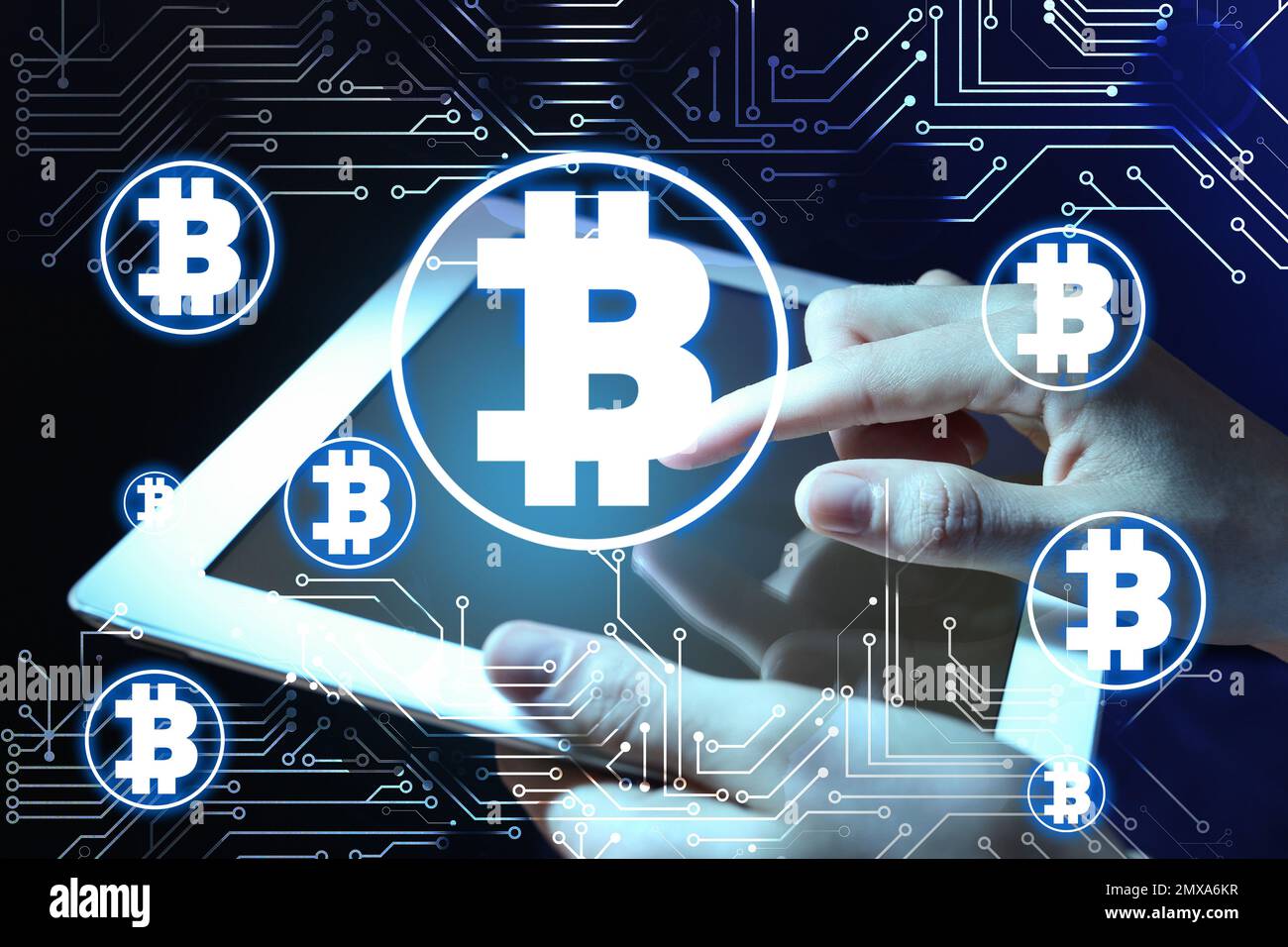 Fintech concept. Scheme with bitcoin symbols and woman using tablet ...