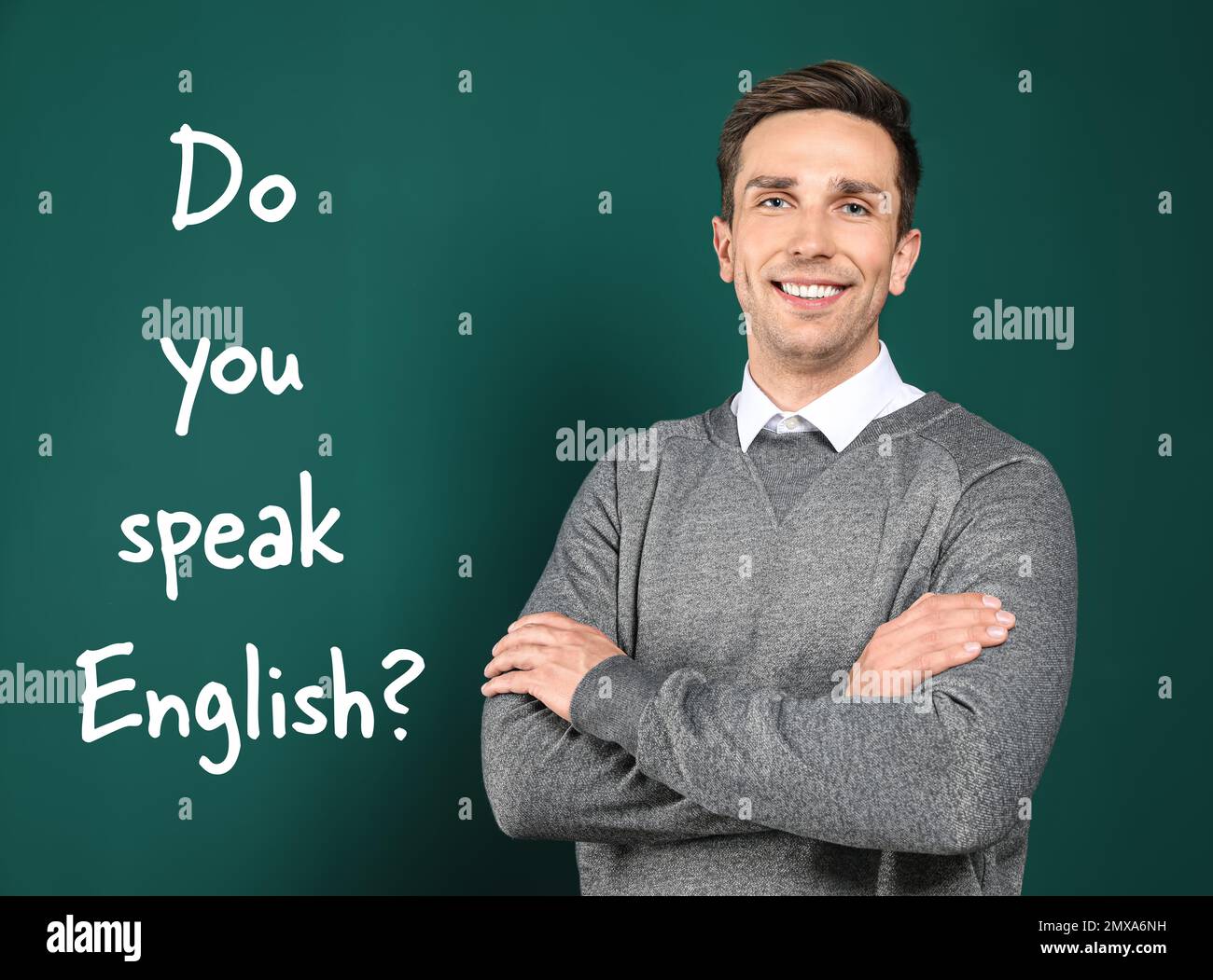 Young teacher near chalkboard with question DO YOU SPEAK ENGLISH Stock ...