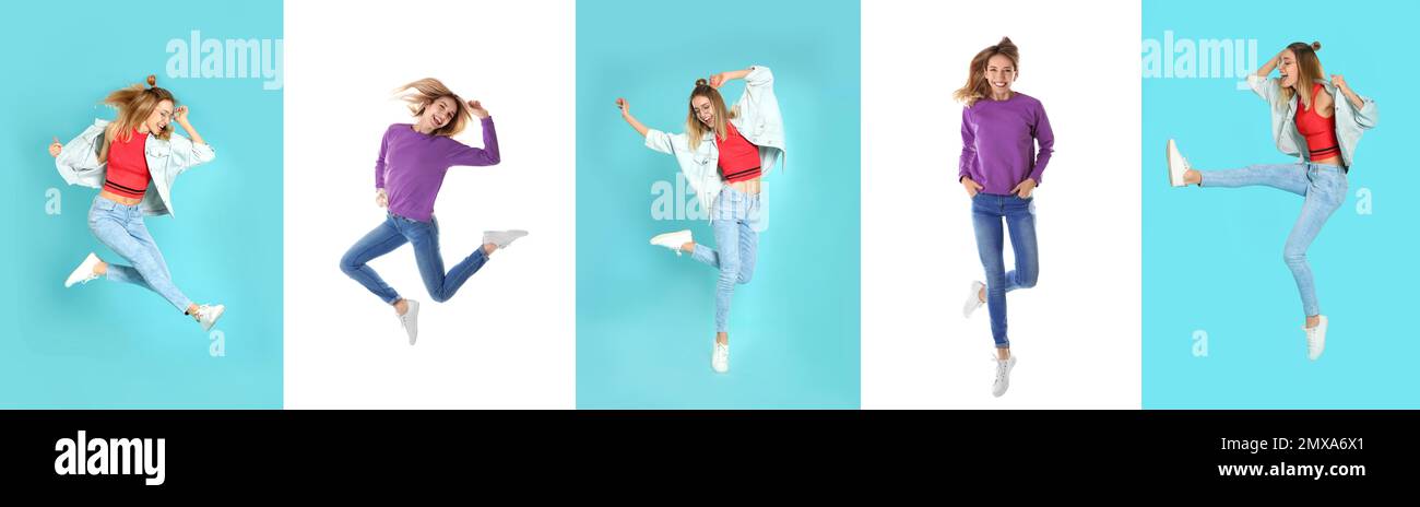 Collage with photos of woman in fashion clothes jumping on different ...