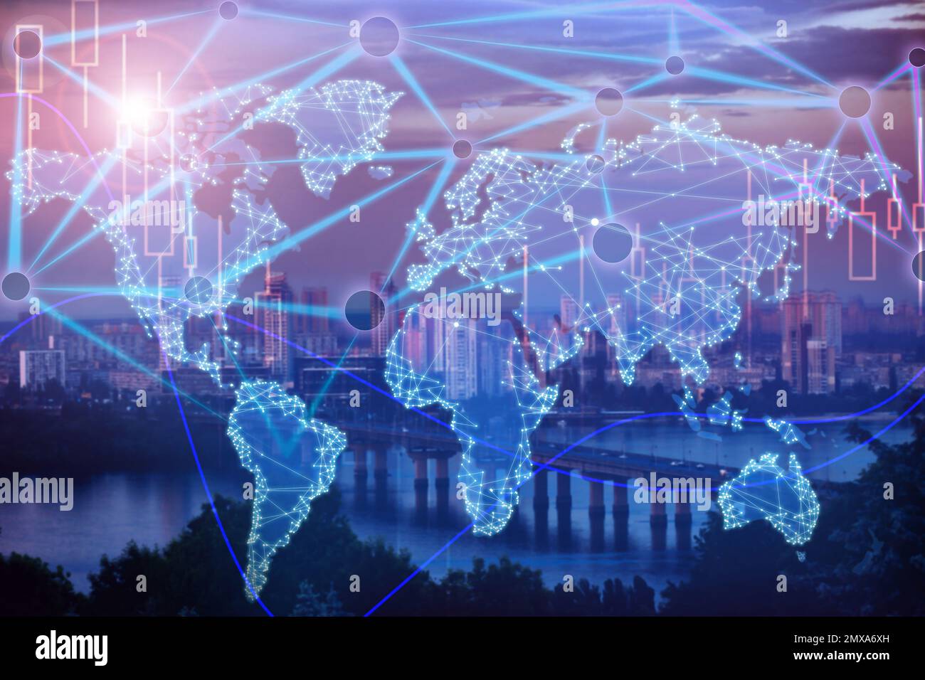 Global communication technology concept. World map illustration on city ...