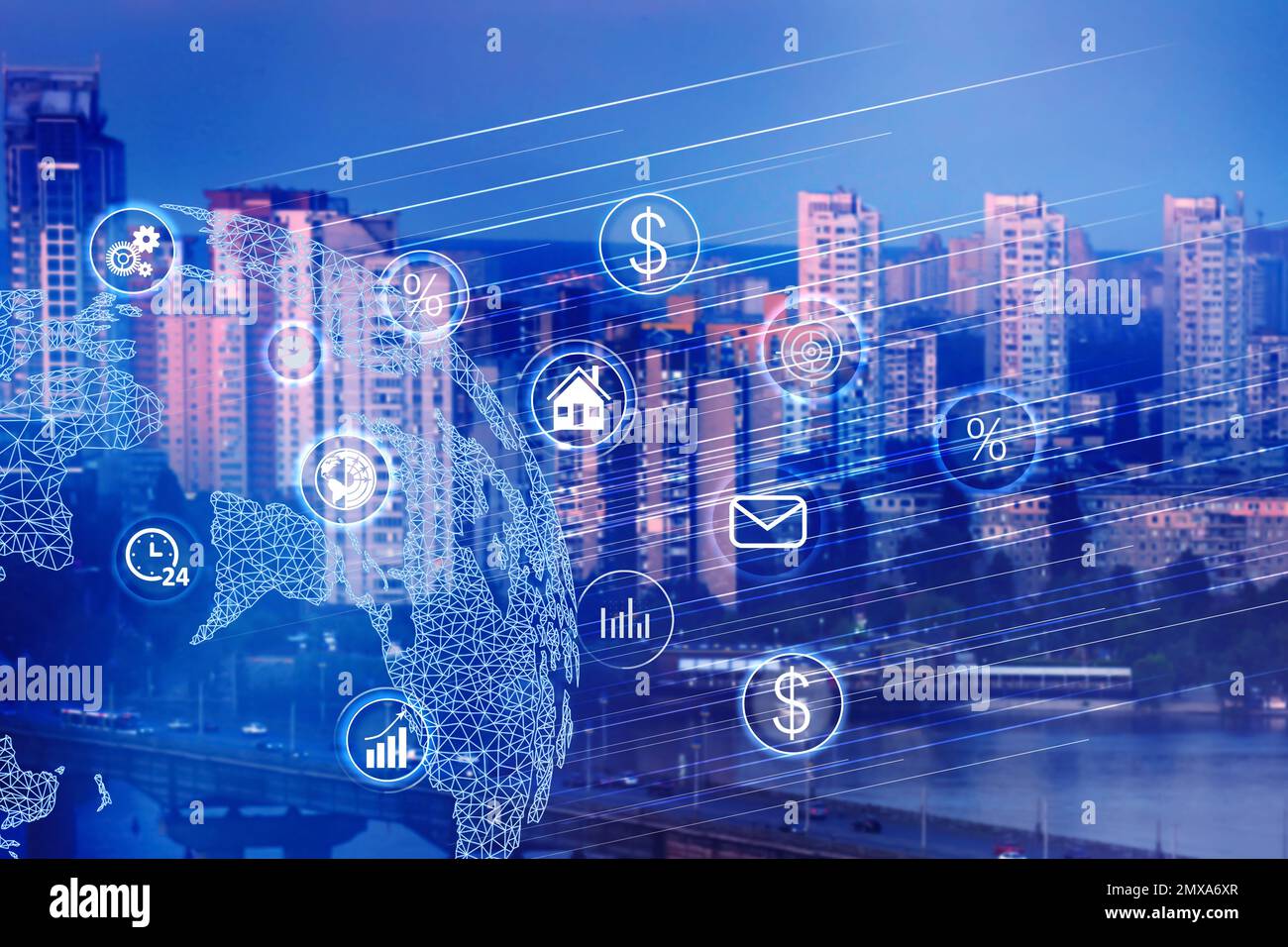 Global business and fintech concept. World globe surrounded by icons ...