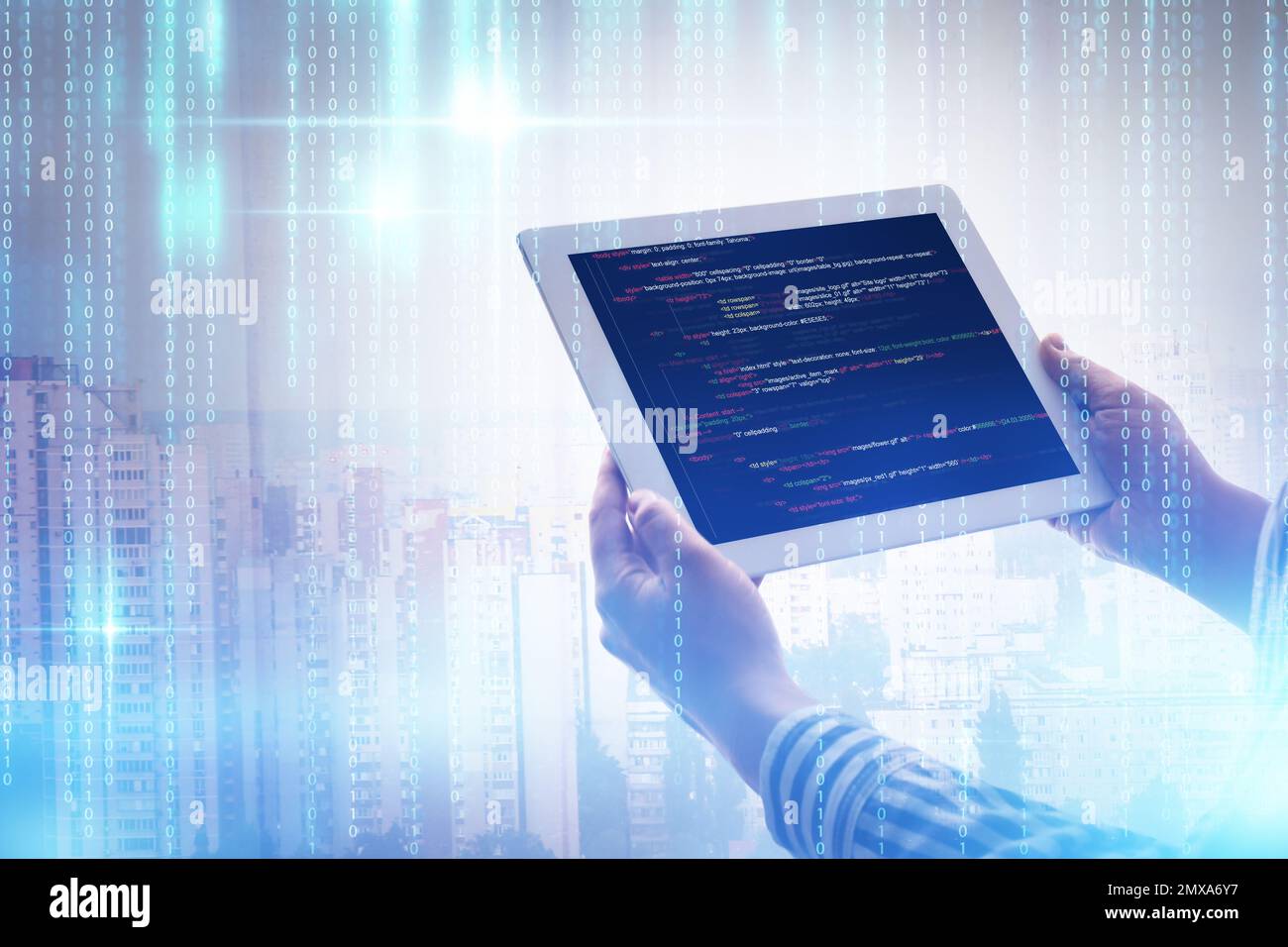 Multiple Exposure Of Female Programmer With Tablet Digital Binary Code