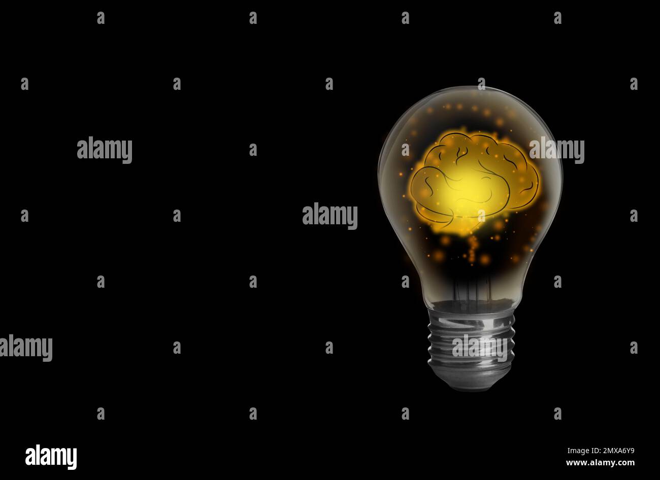 Lamp bulb with human brain inside on black background, space for text ...