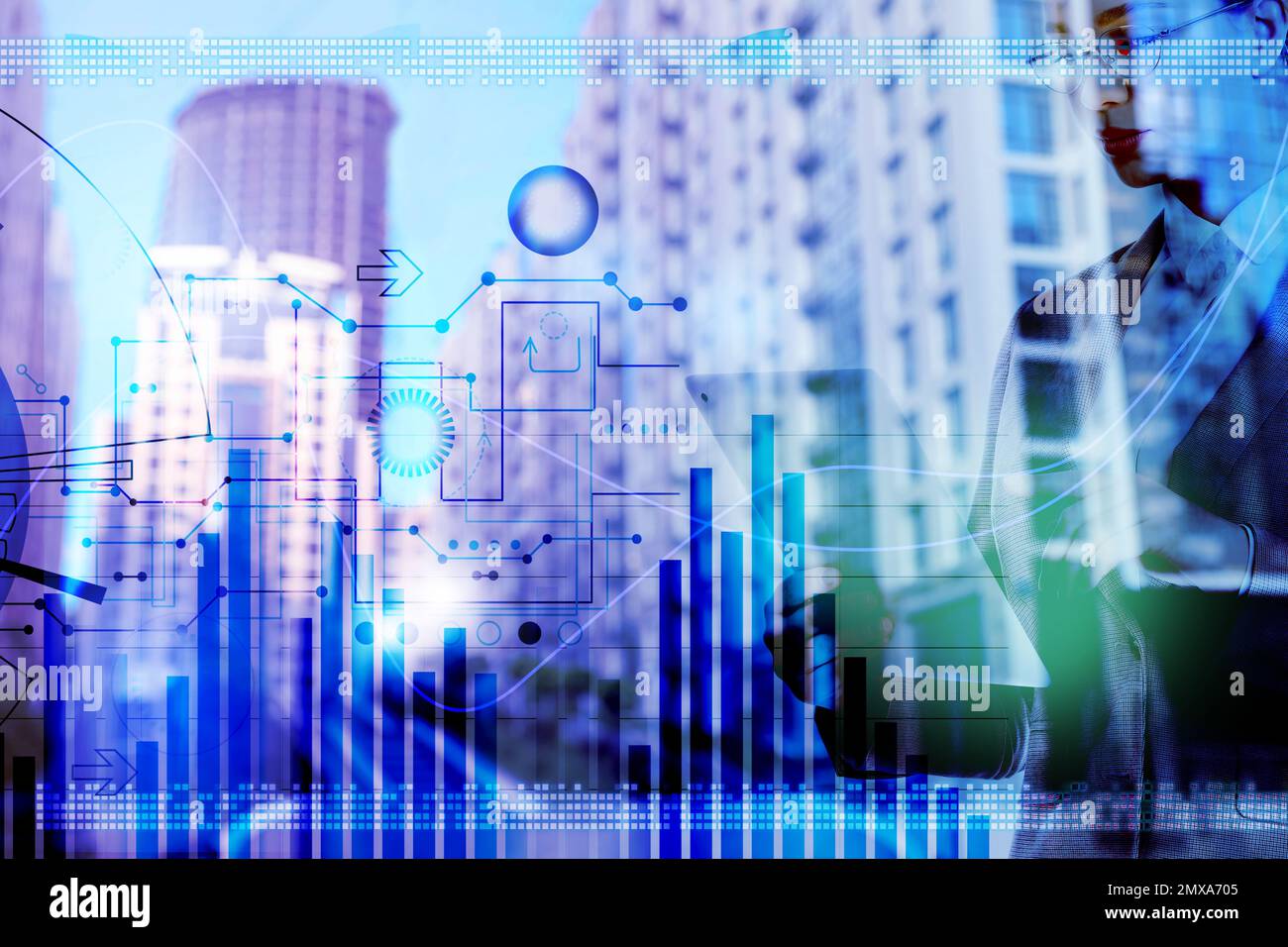 Forex trading. Charts with schemes against woman and city on background ...