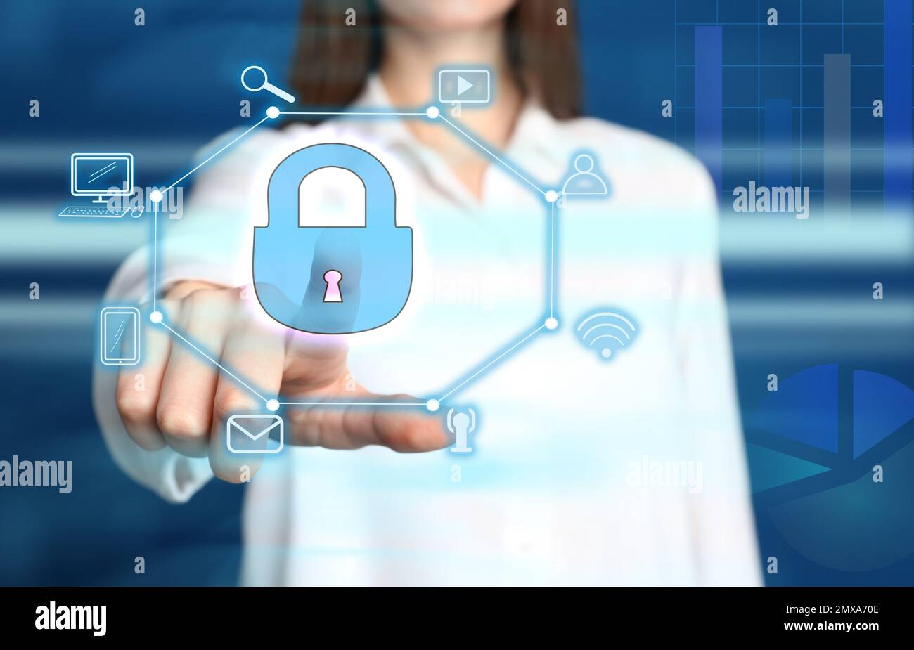 Home security concept. Woman touching digital lock symbol, closeup ...