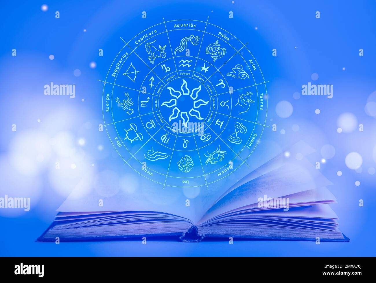 Open book and illustration of zodiac wheel with astrological signs on ...