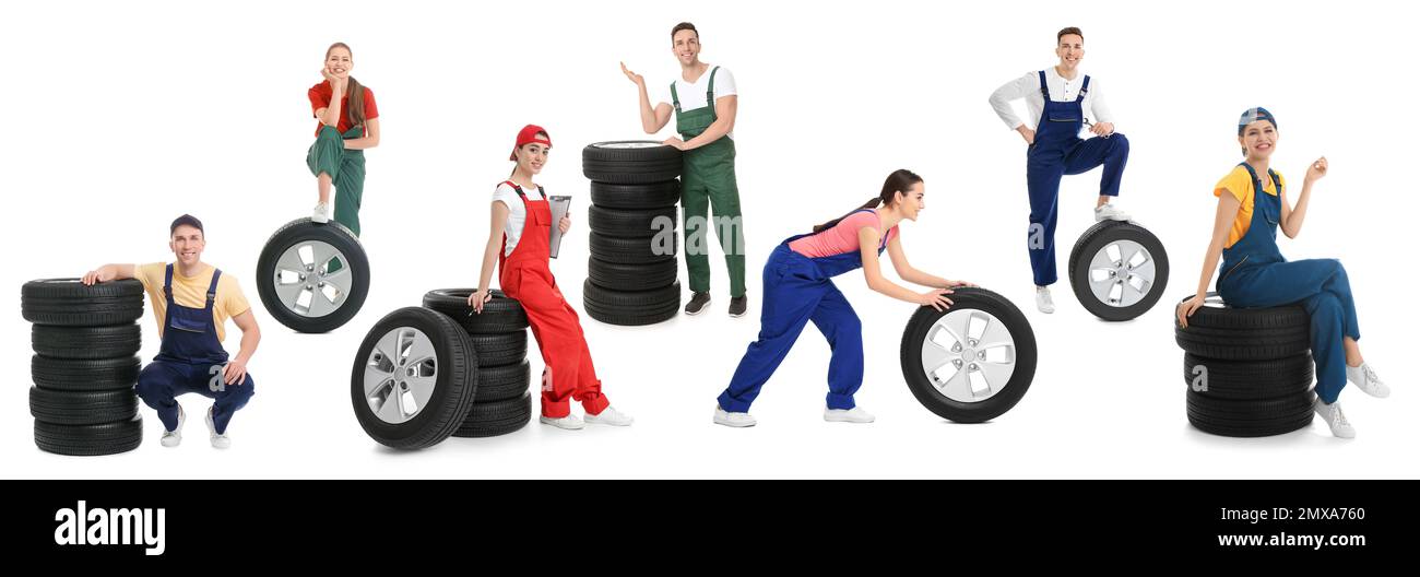 Collage with photos of young mechanics and tires on white background ...
