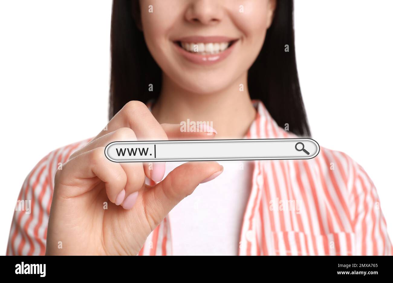 Woman using search bar on virtual screen, closeup Stock Photo - Alamy