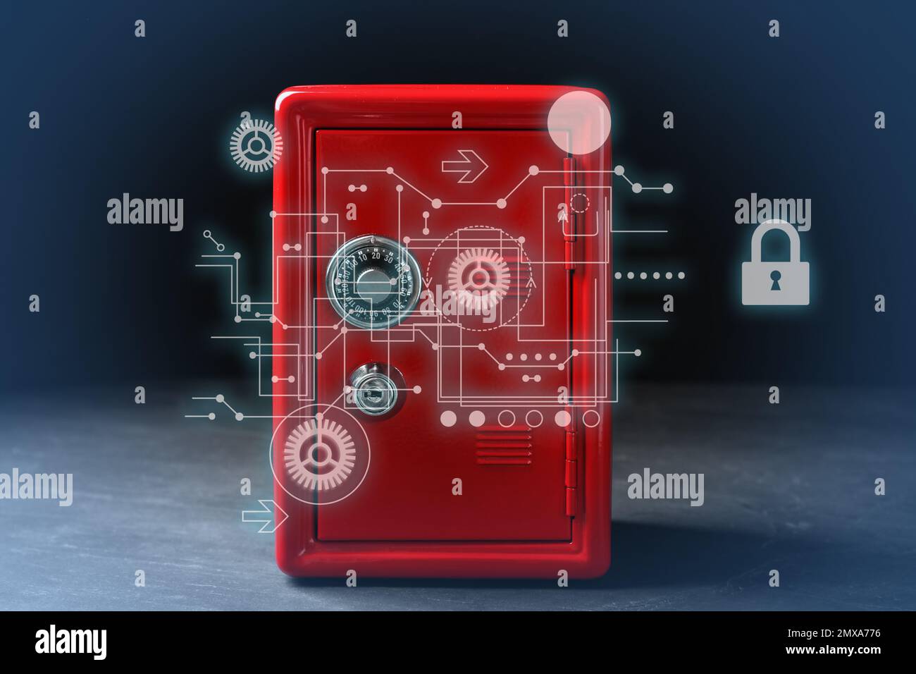 Red steel safe with mechanical combination lock against black ...