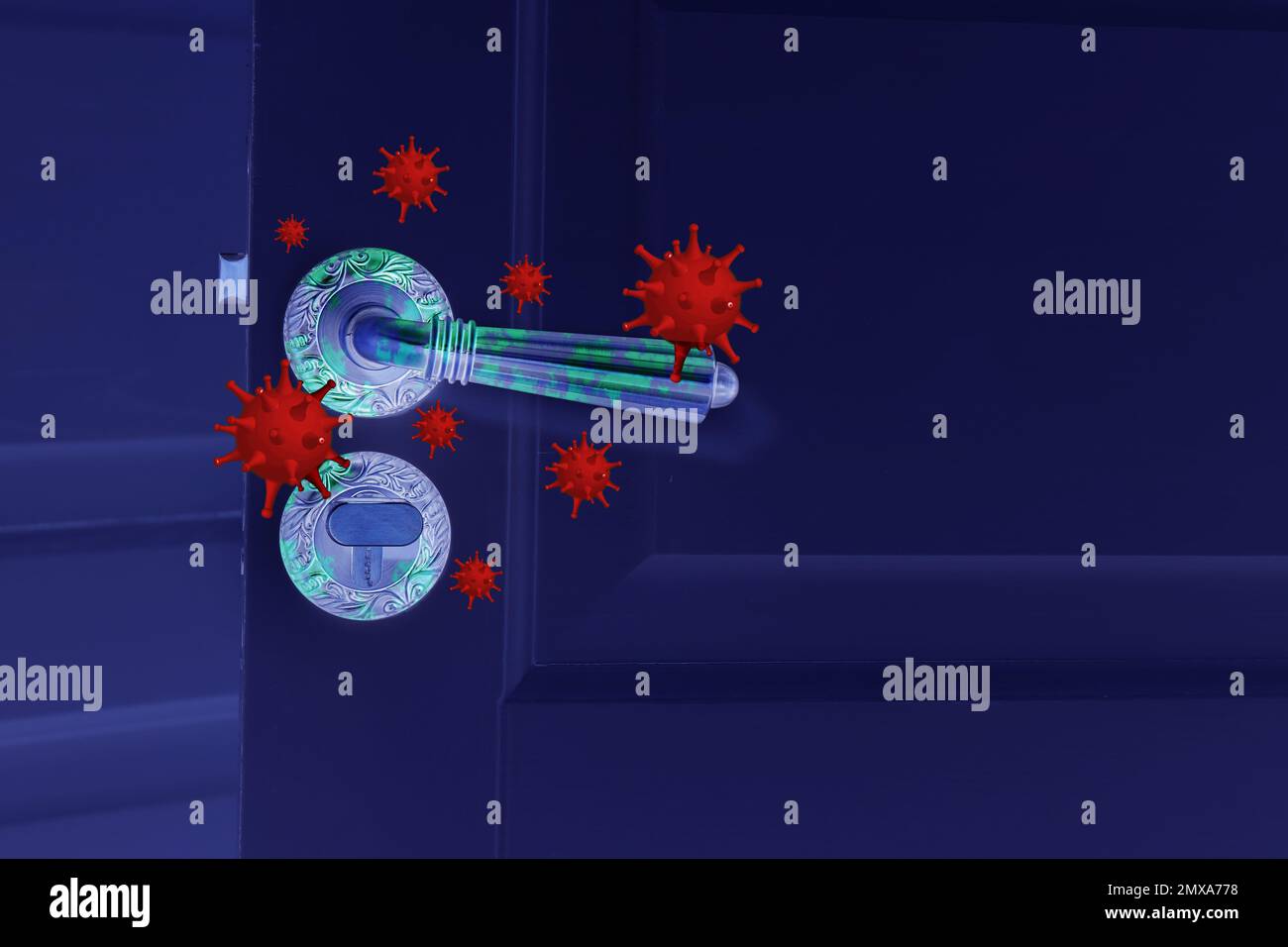 Virus molecules under UV light on door handle. Avoid touching objects ...
