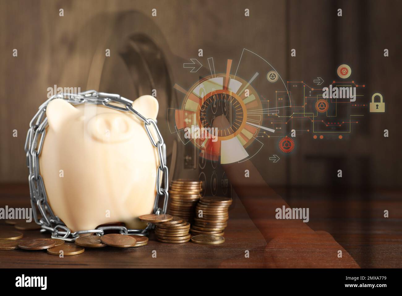 Piggy bank with steel chain, coins and woman opening steel safe ...