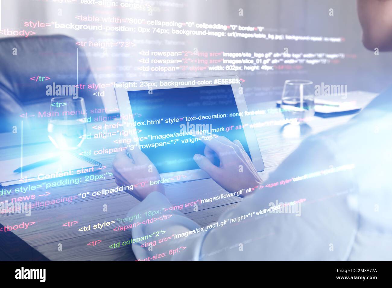 Double exposure of female programmer using tablet and source code ... Double exposure of female programmer using tablet and source code ...