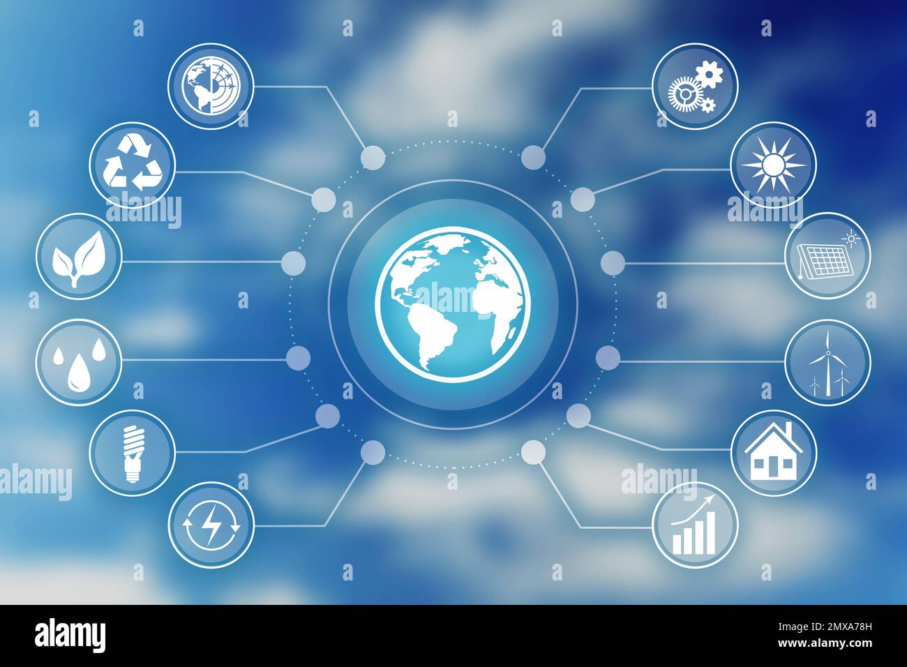 Energy efficiency concept. Different icons and sky on background Stock ...