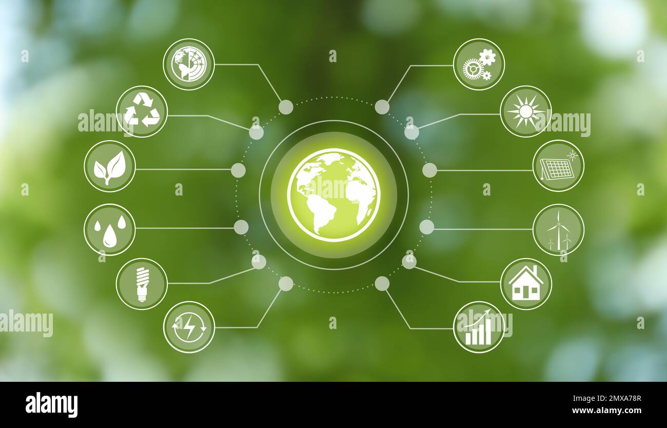 Energy efficiency concept. Different icons on green background Stock ...