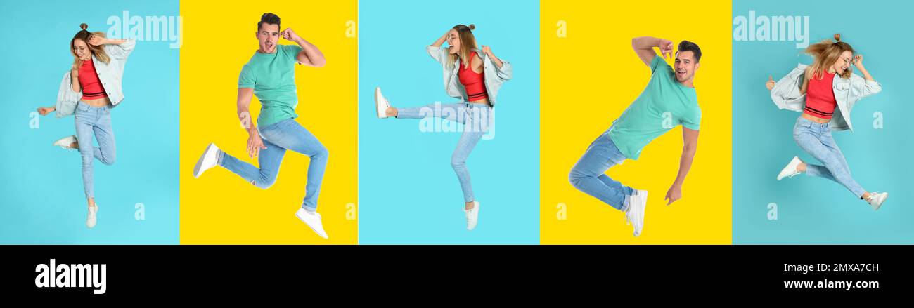 Collage with photos of young people in fashion clothes jumping on ...
