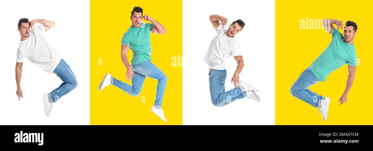 Collage with photos of man in fashion clothes jumping on different ...