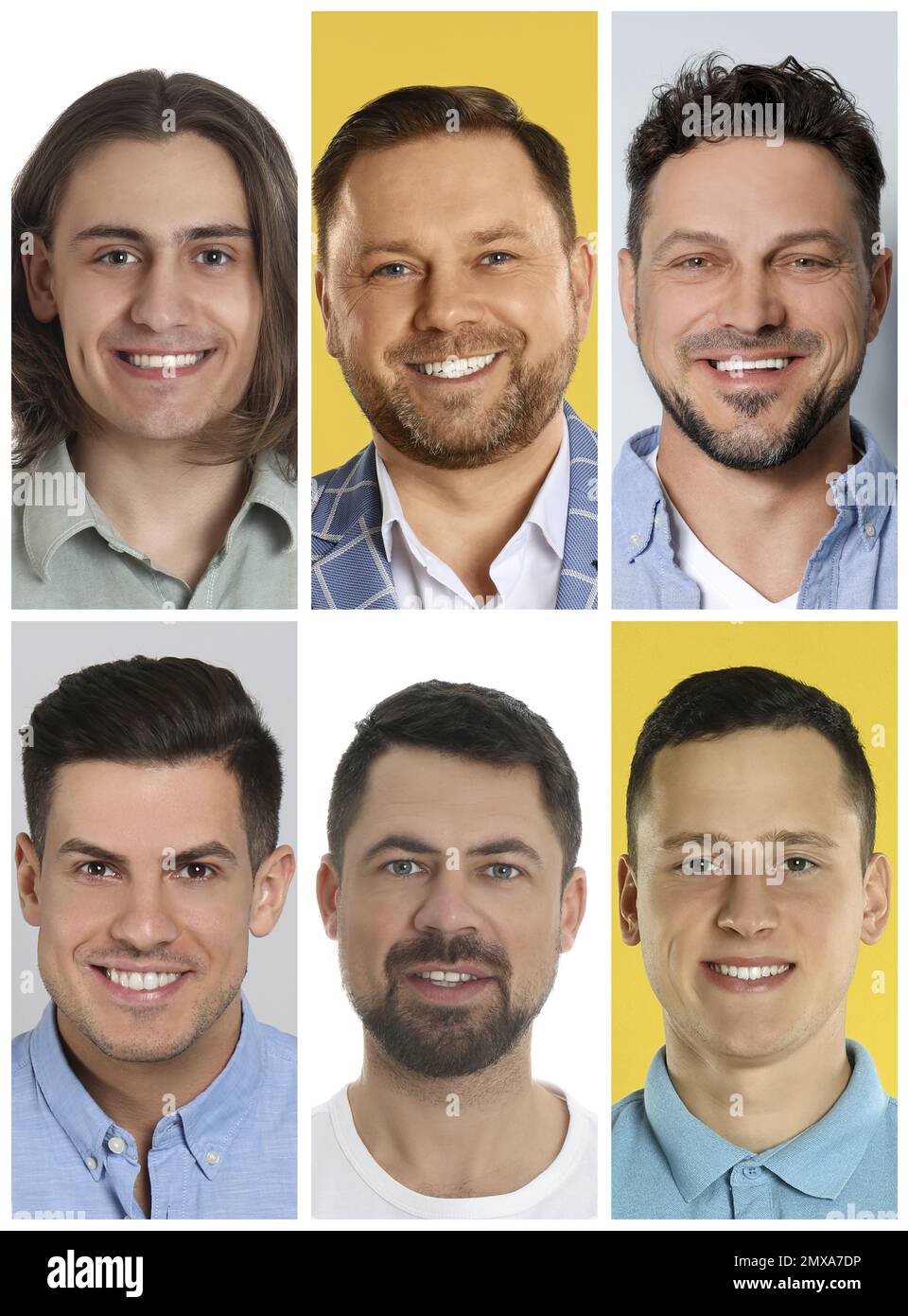 Collage with portraits of handsome men on different color backgrounds ...