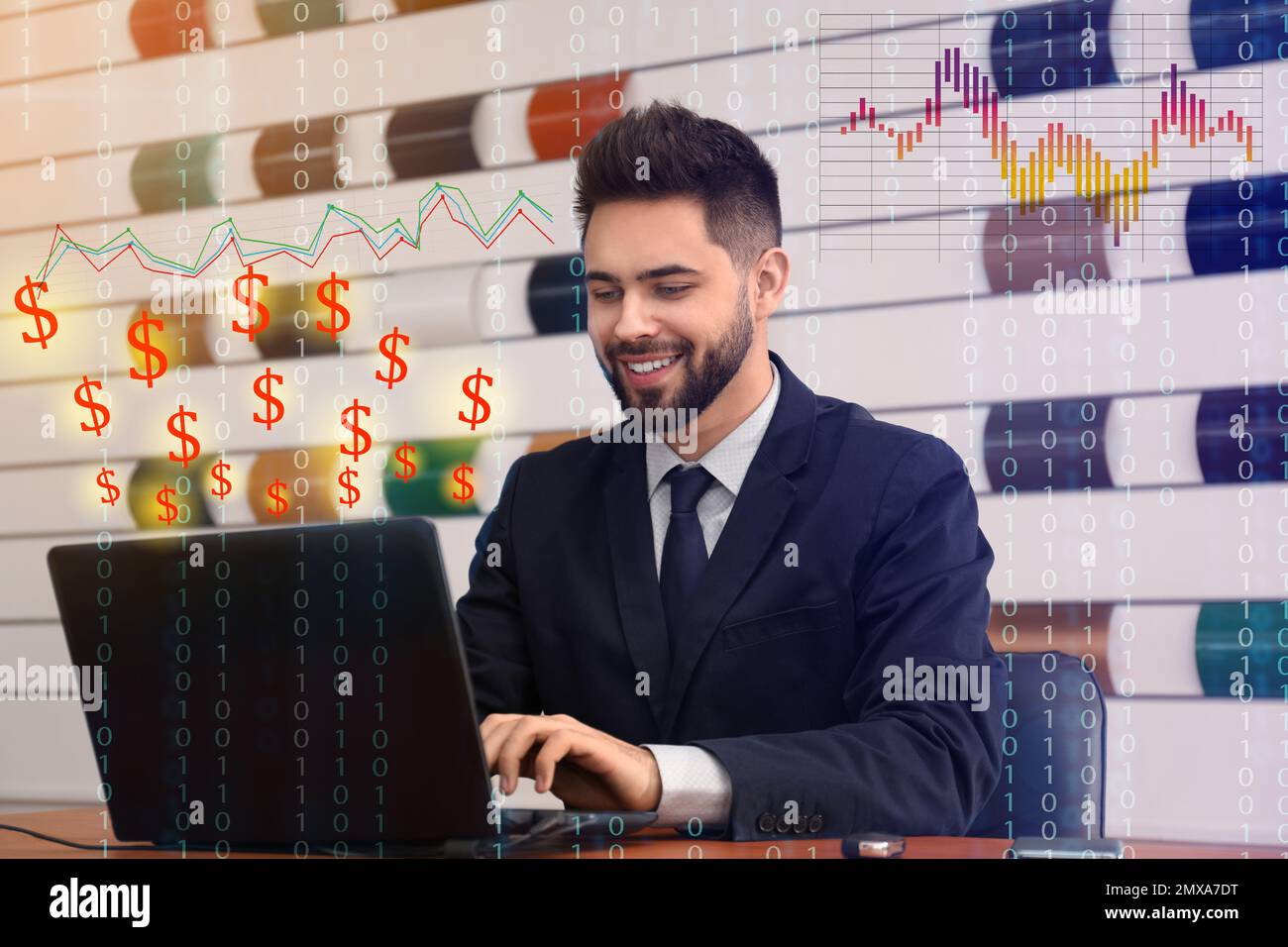 People making money. Businessman using laptop indoors surrounded by ...