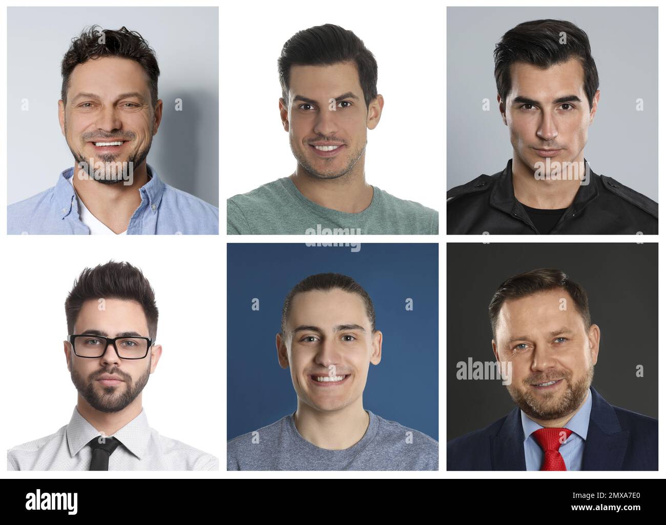 Collage with portraits of handsome men on different color backgrounds ...