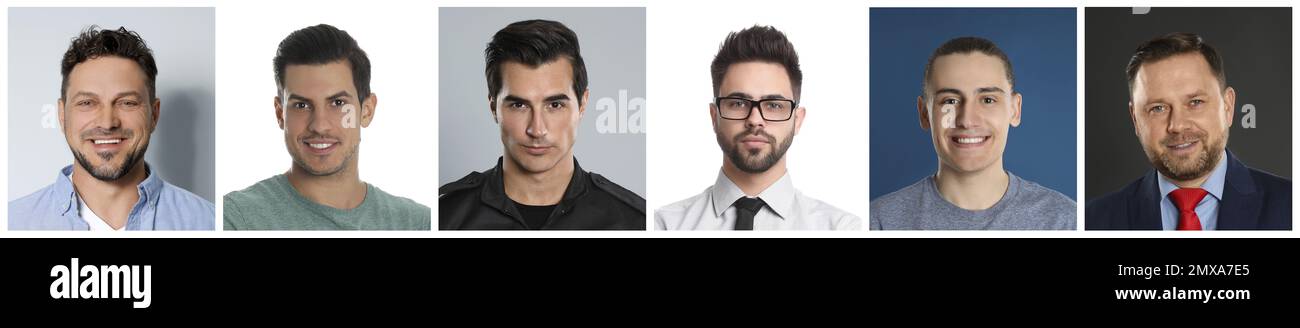 Collage with portraits of handsome men on different color backgrounds ...