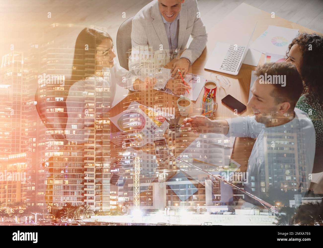 Double exposure of team workers discussing questions in office and ...