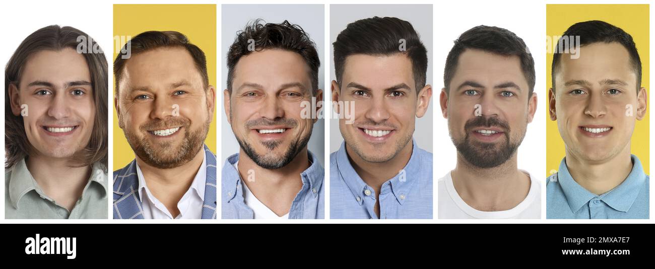 Collage with portraits of handsome men on different color backgrounds ...