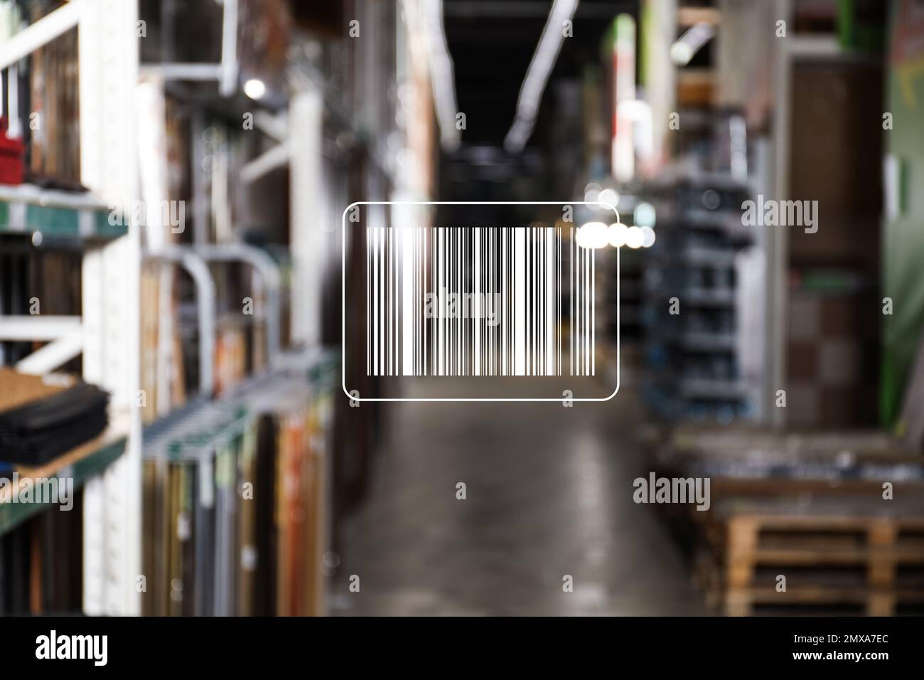 Barcode and blurred view of modern wholesale warehouse Stock Photo - Alamy