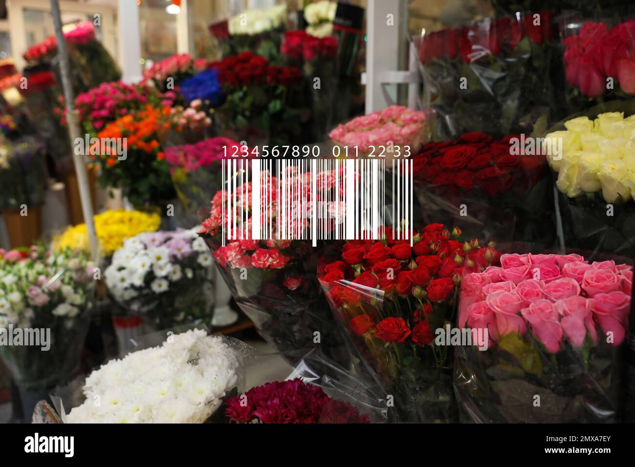 Barcode and beautiful fresh flowers at wholesale market Stock Photo - Alamy