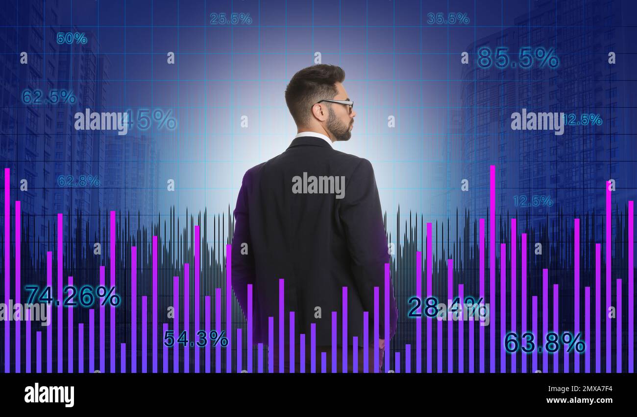 Financial schemes, businessman and cityscape on background. Stock ...