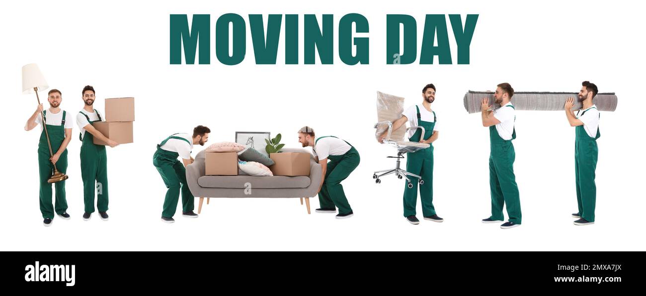 Collage with photos of workers carrying furniture on white background ...