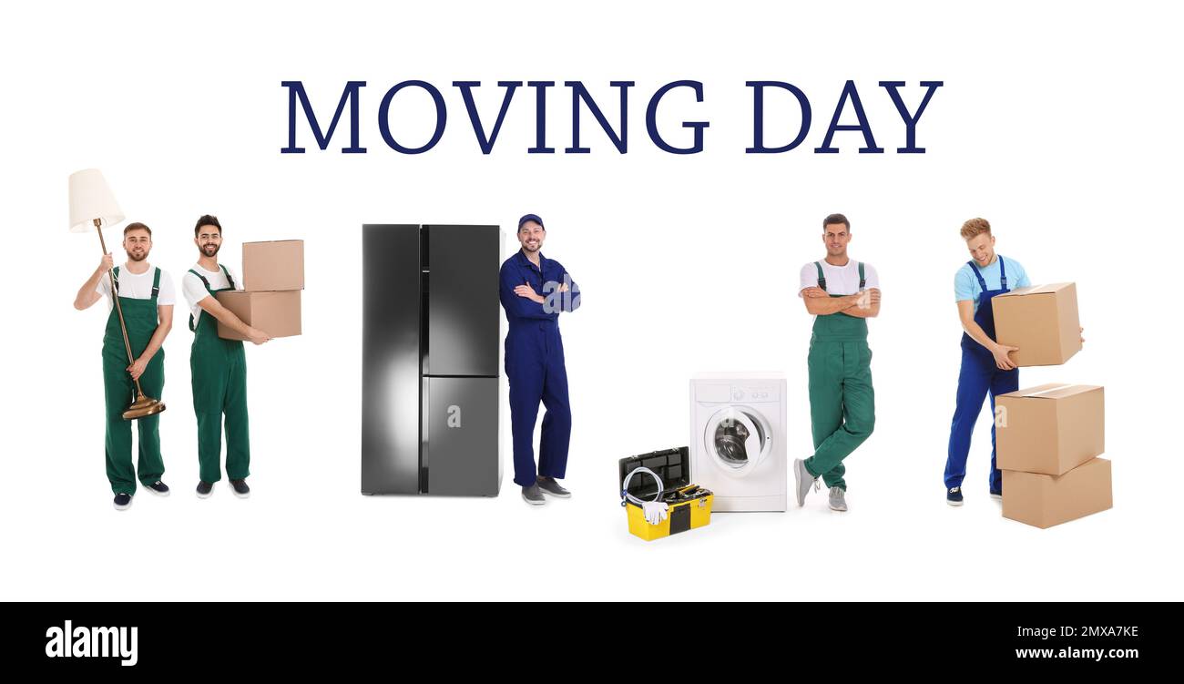 Collage with photos of workers carrying appliances and cardboard boxes ...