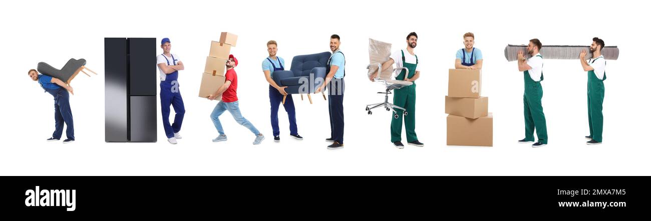 Collage with photos of workers carrying furniture and cardboard boxes ...