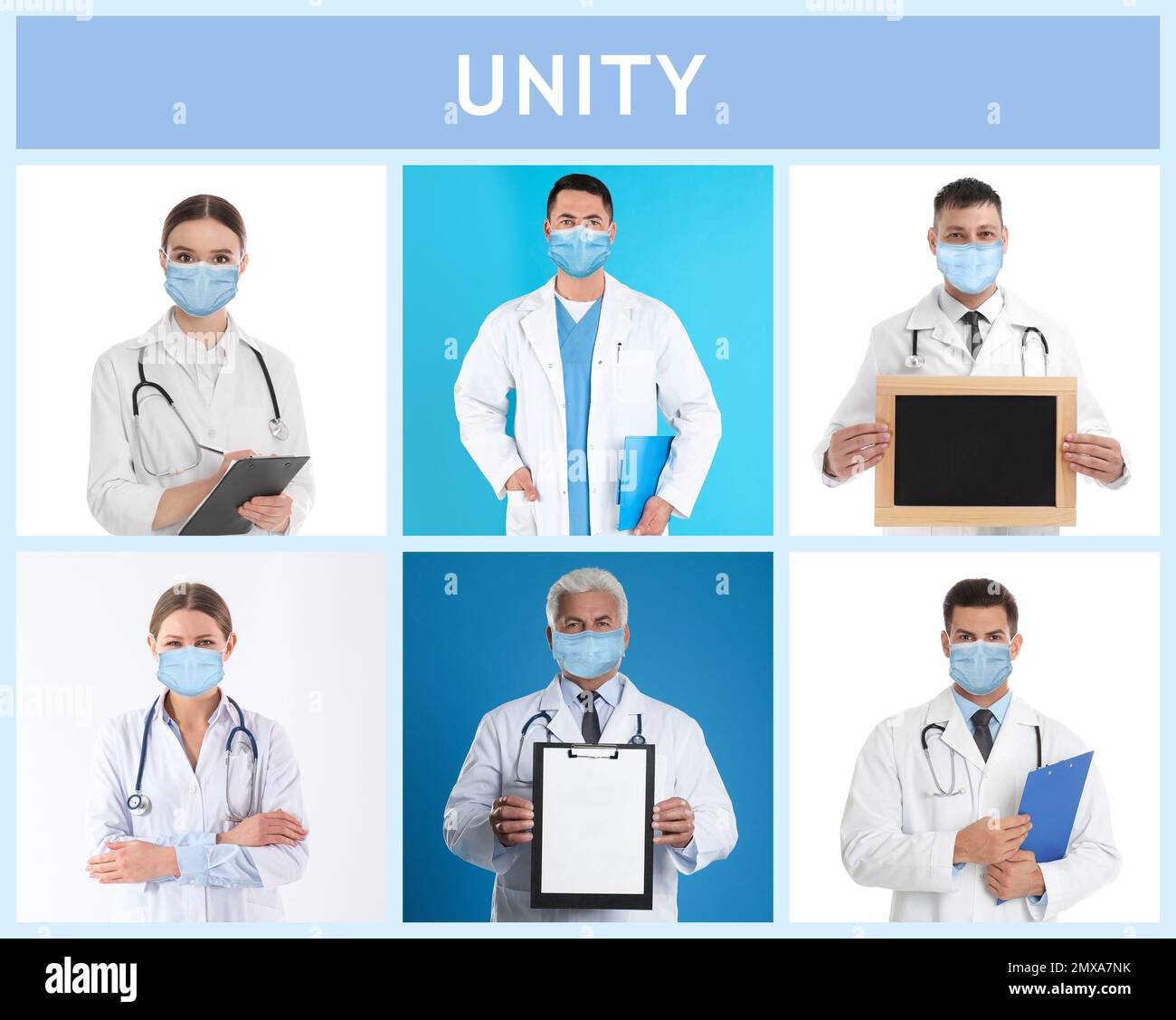 Unity concept. Collage with team of doctors wearing medical masks Stock ...
