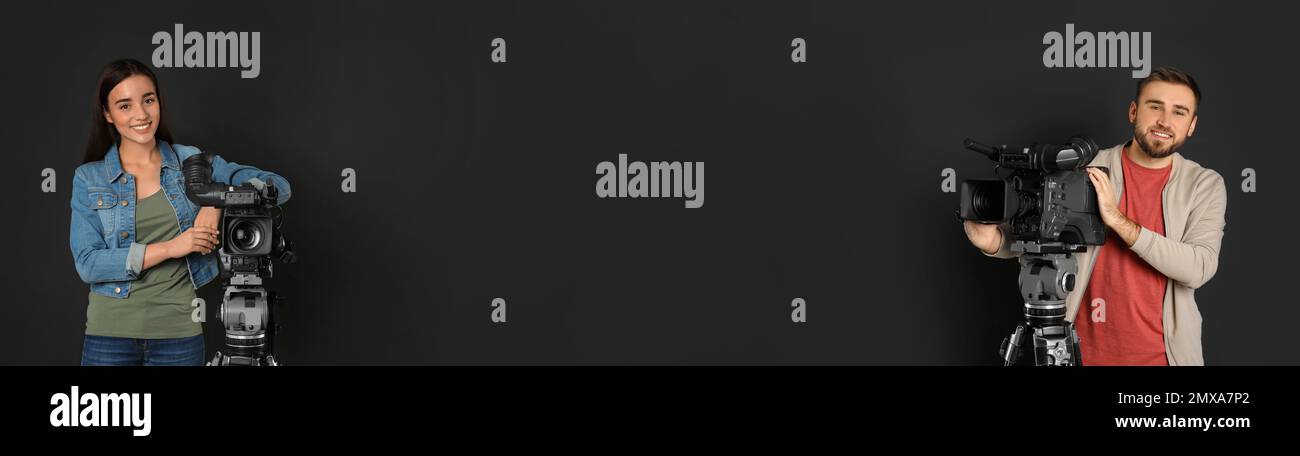 Operators with professional video cameras on black background, space ...