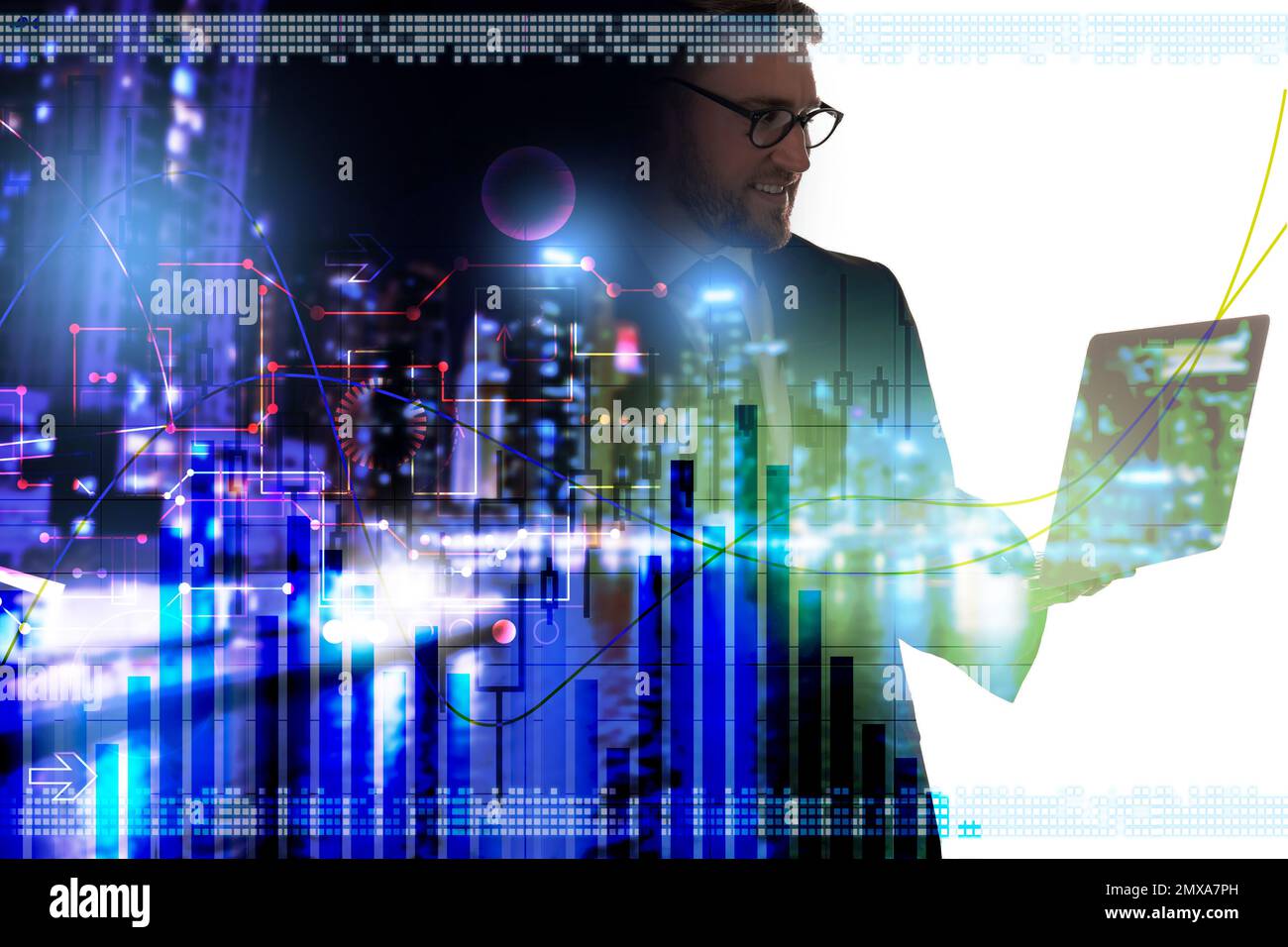 Forex trading. Charts with schemes against double exposure of man and ...