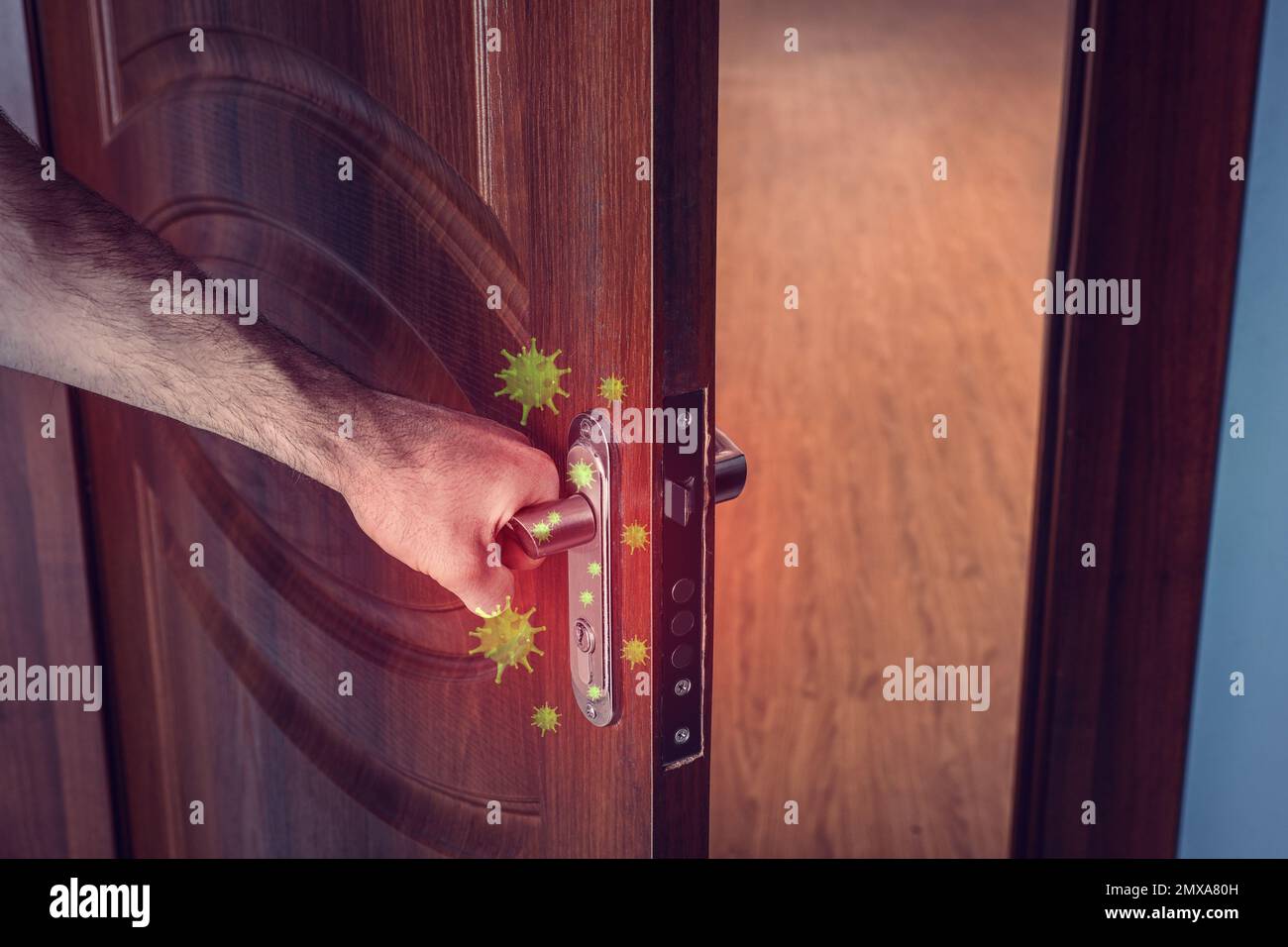 Abstract illustration of virus and man opening wooden door, closeup ...
