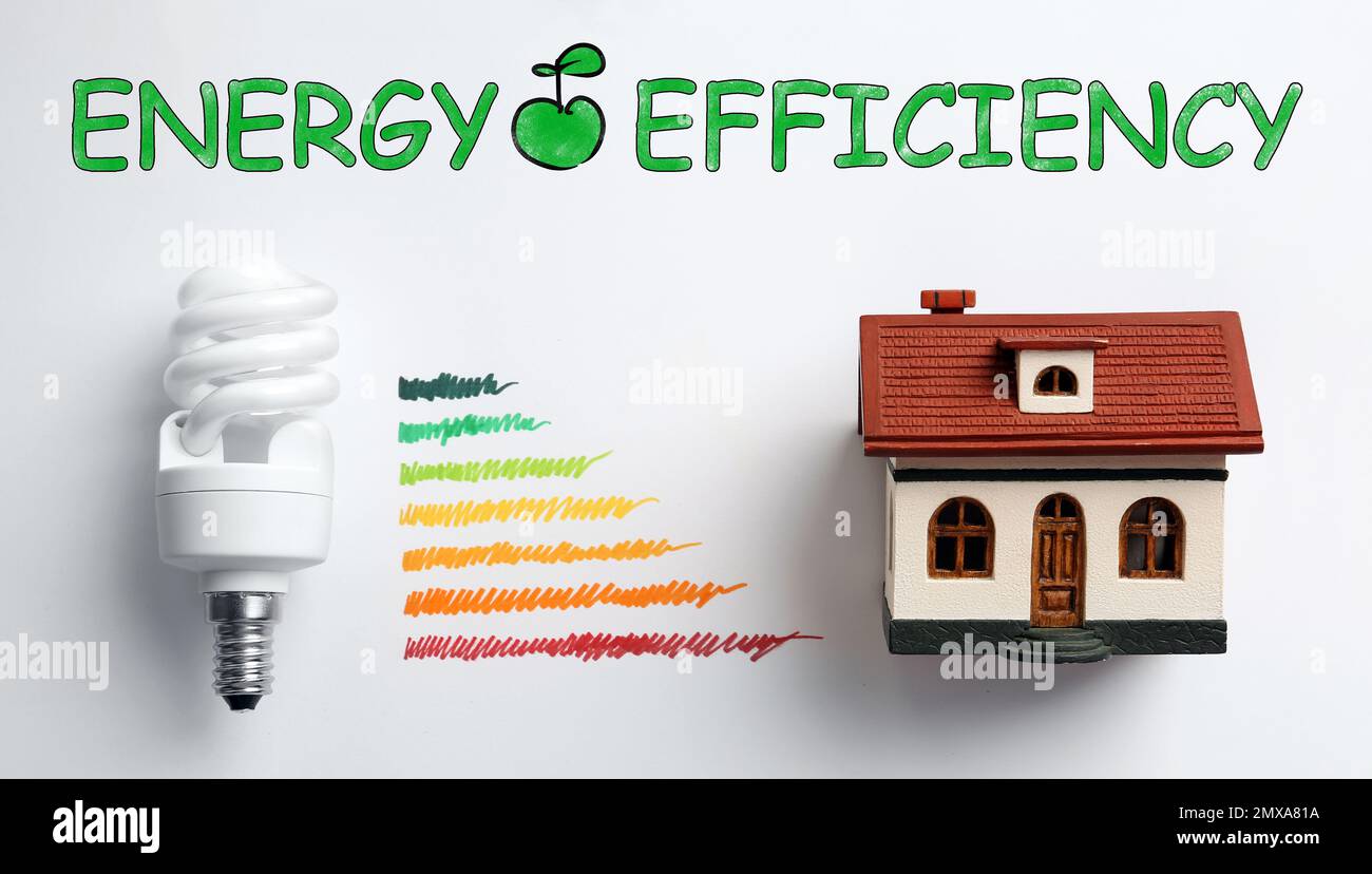 Energy efficiency concept. Colorful chart, house model and lamp on ...