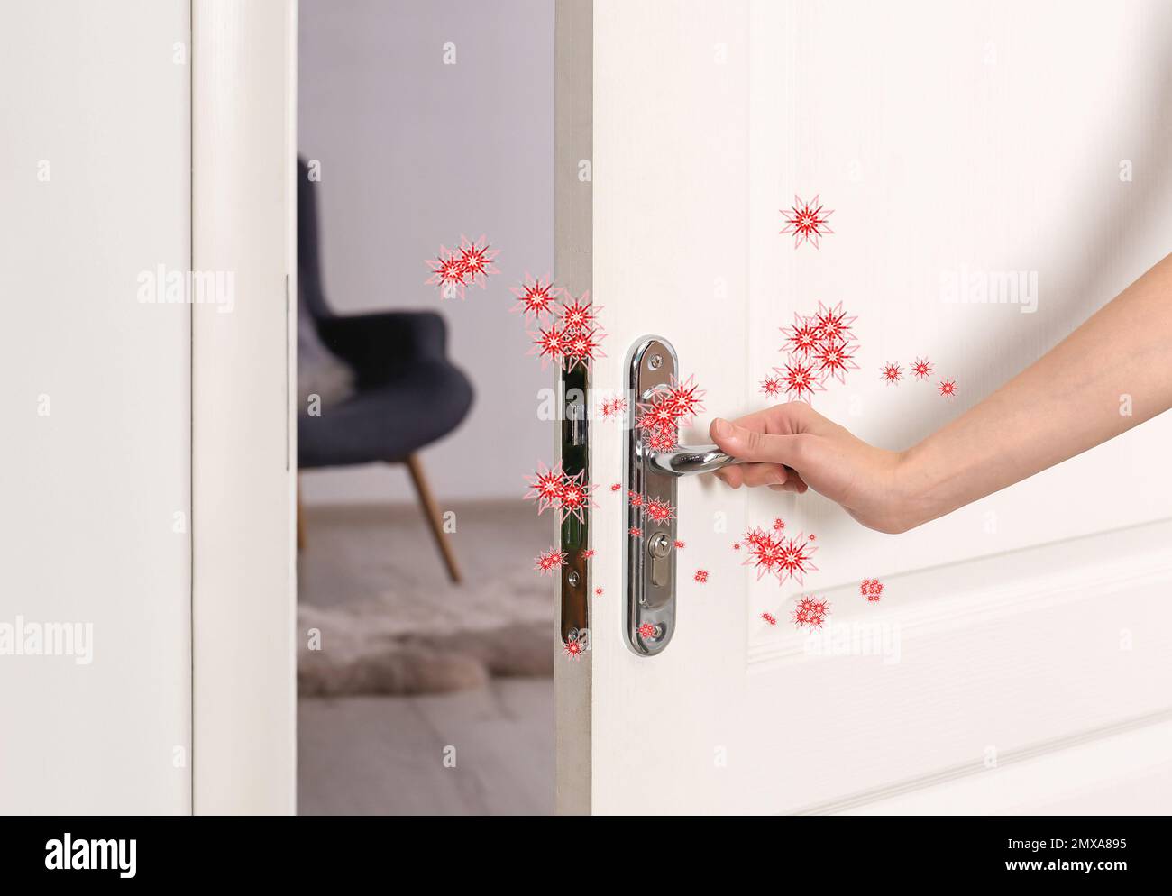 Abstract illustration of virus and woman opening wooden door, closeup ...